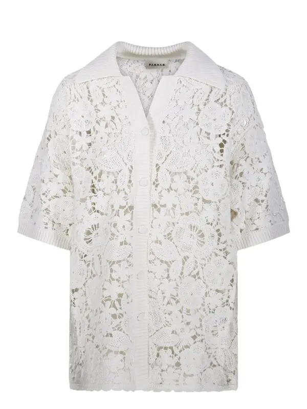 P.a.r.o.s.h Floral Embroidered Knit Polo Top - White