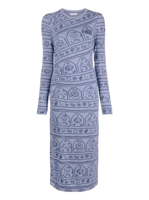 GANNI Zodiac Logo-print Stretch-jersey Dress - Heather