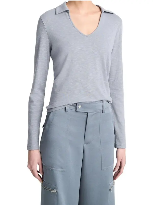 Vince Open-neck Long-sleeve Polo Top - Harbor