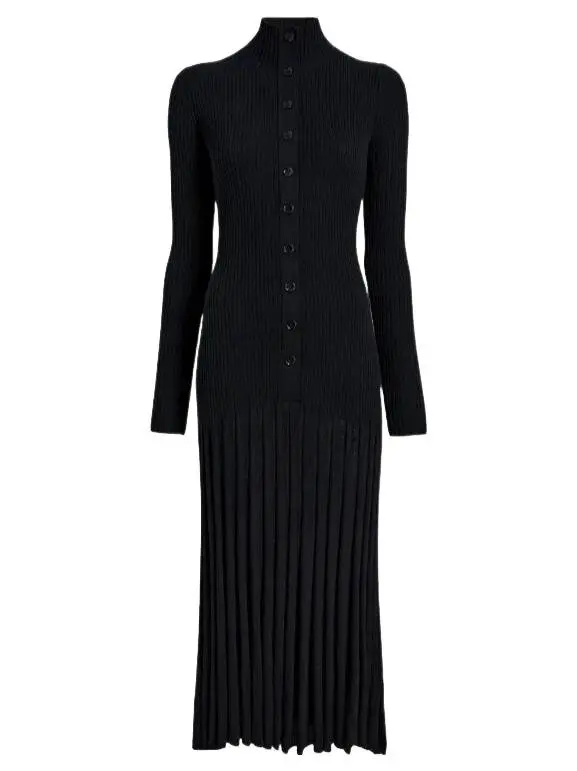 Proenza Schouler Ribbed Pleated Midi Day Dress - Black