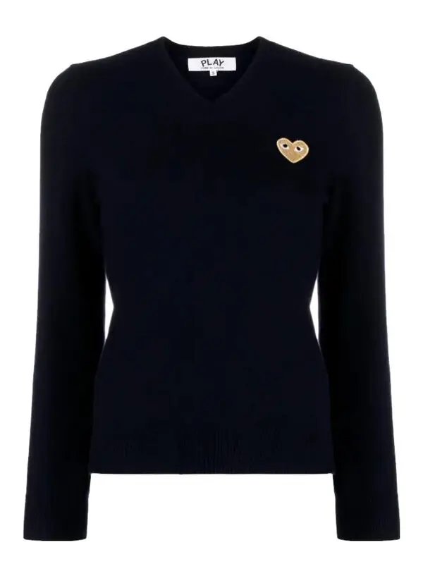 Play Comme Des Garcon Heart-patch V-neck Wool Jumper - Black
