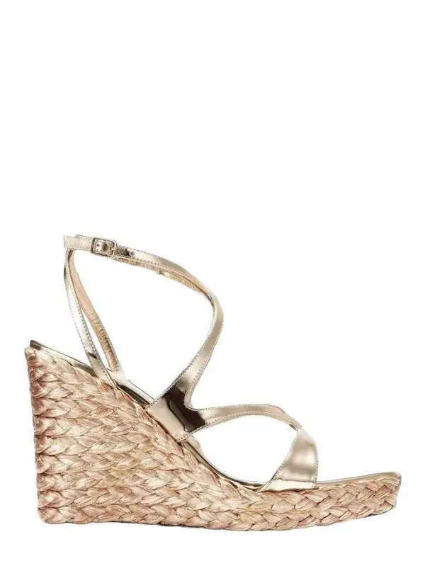 JIMMY CHOO 85mm Ayla Metallic Cross-strap Wedge Sandals - Nude