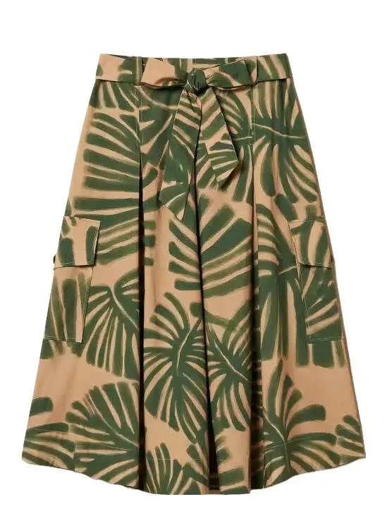 TWINSET Leaf-print Belted Midi Skirt - Green