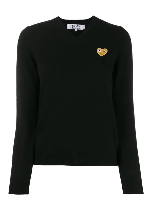 Play Comme Des Garcon Heart-patch V-neck Wool Sweater - Black