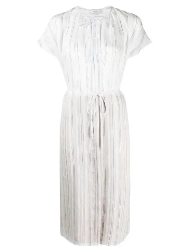 Vince Drapey Stripe Shirred Midi Dress - White