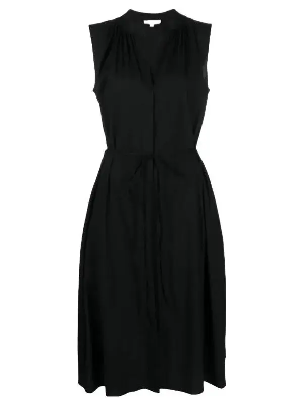 Vince Shirred Band Collar V-neck Dress - Black