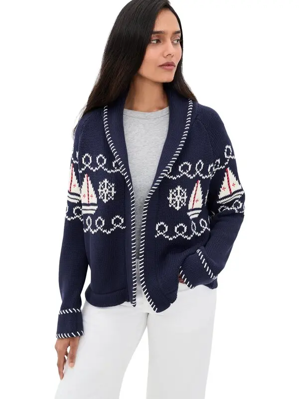 MAREA Nautical Intarsia Shawl Cardigan - Navy