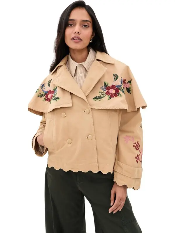 Farm Rio Embroidered Twill Mini Trench Coat - Beige