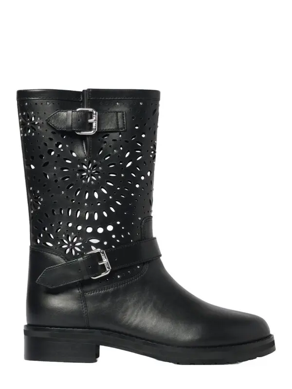 TWINSET Openwork Leather Biker Boots - Black