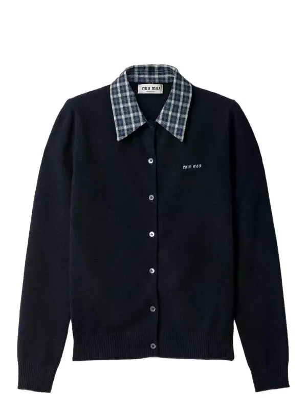 Miu Miu Cashmere Cardigan With Detachable Checked Collar - Blue