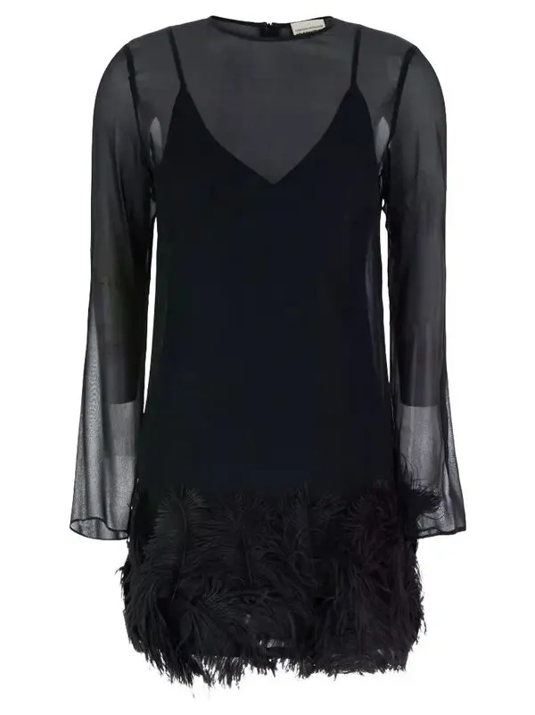 SEMICOUTURE Feather-trim Sheer-sleeve Mini Dress - Black
