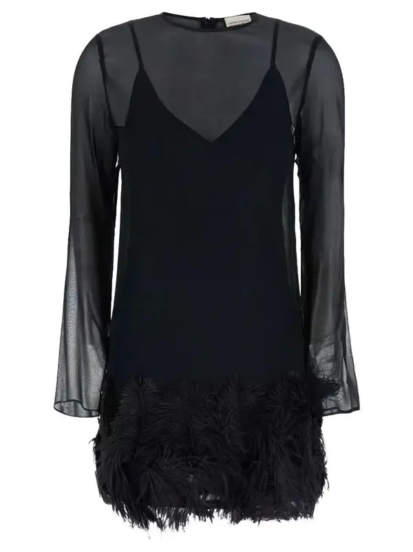 SEMICOUTURE Rae Feather-trim Sheer-sleeve Mini Dress - Black