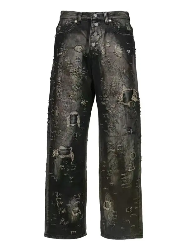 THUG CLUB Hard-washed Damaged Loose-fit Jeans - Black