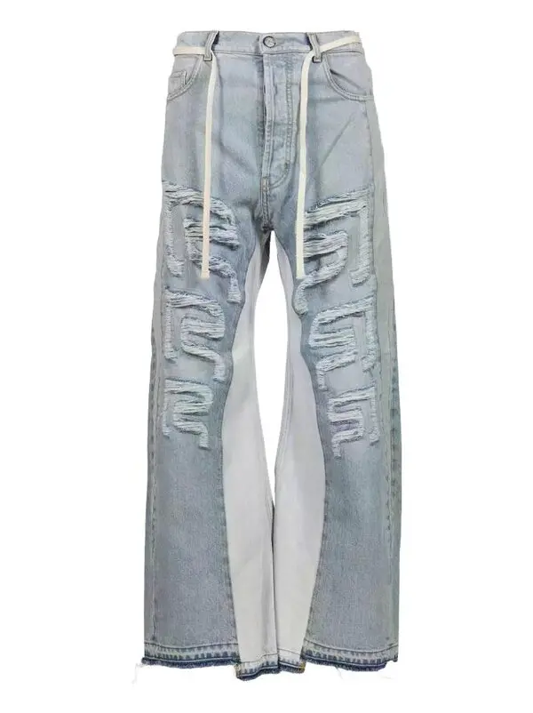 RRR123 Distressed Patchwork Denim Trousers - Blue