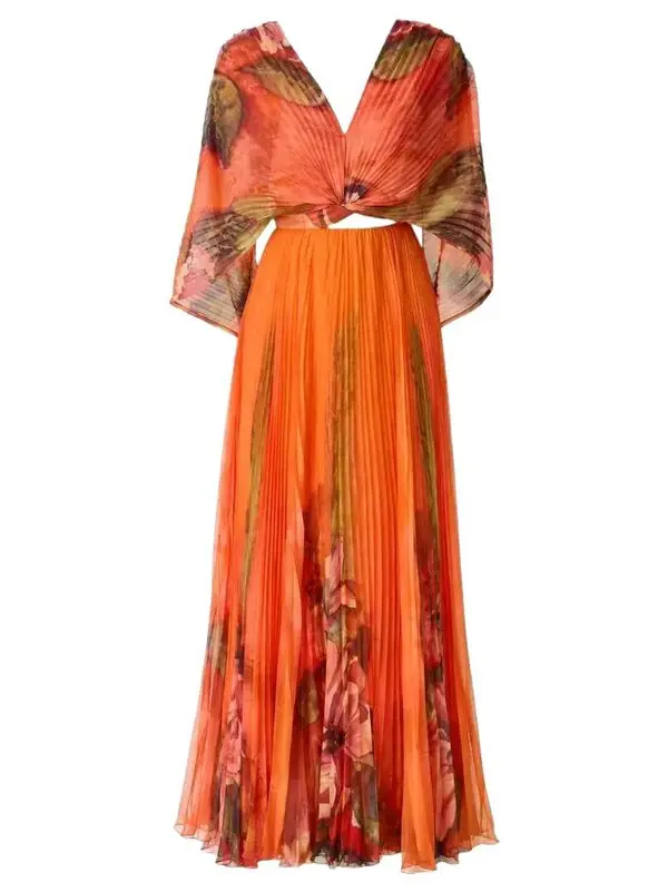 CARLA RUIZ Floral-print Pleated Maxi Dress - Orange