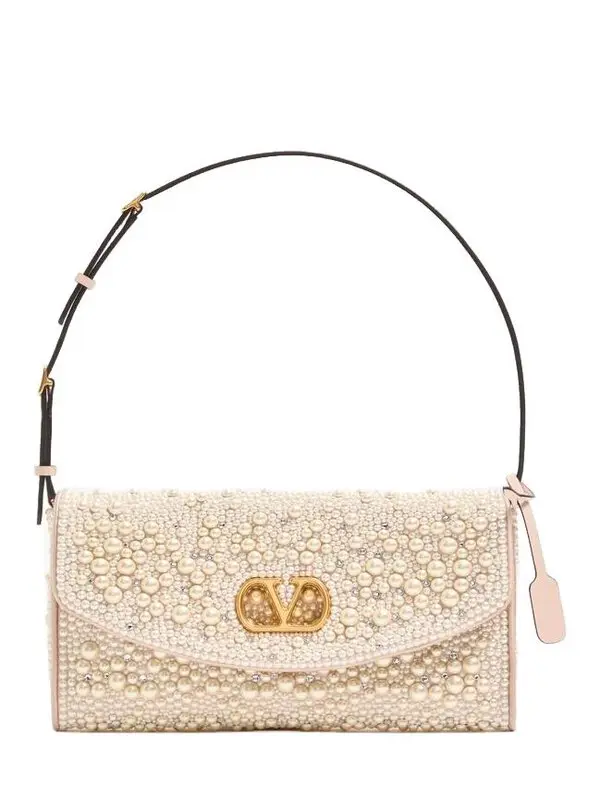 Valentino Garavani Devain Small Shoulder Bag With Pearls And Rhinestones - Cream