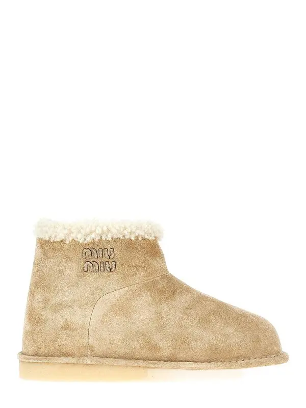 Miu Miu Suede Leather Ankle Boots With Logo - Beige