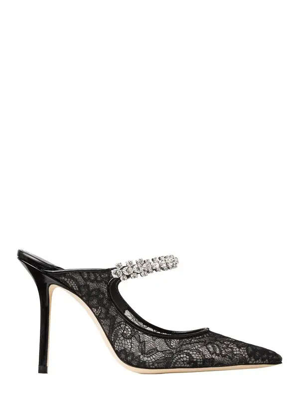 JIMMY CHOO Bing 100 Lace Mules With Crystal Strap - Black