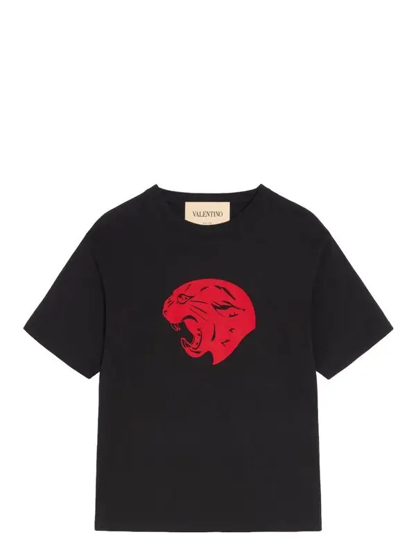 Valentino Garavani Cotton T-shirt With Panther Print - Black/red