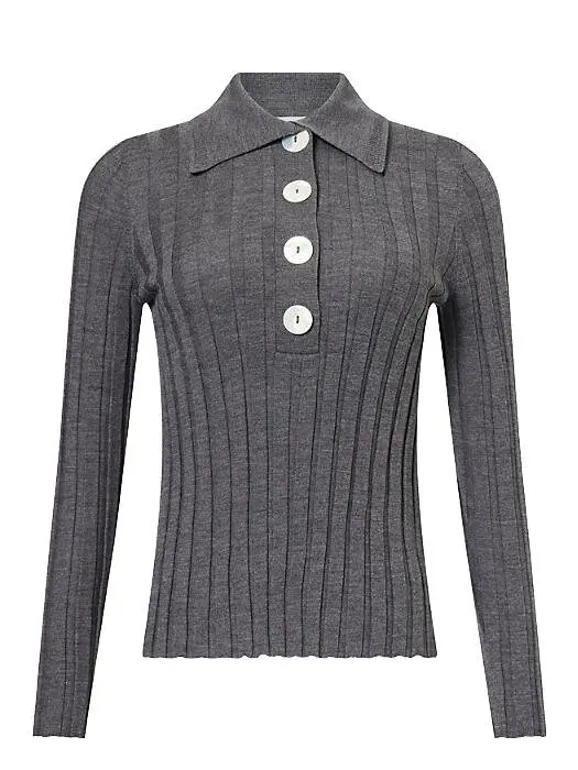 NACKIYE Sugarman Long-sleeve Wool Polo Top - Navy