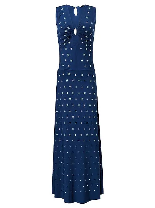 Rabanne Plunge-neck Beaded Stretch-jersey Maxi Dress - Midnight Blue