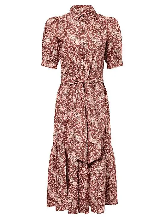 ME+EM Floral Print Puffed Sleeve Cotton Midi Dress - Brown Multi