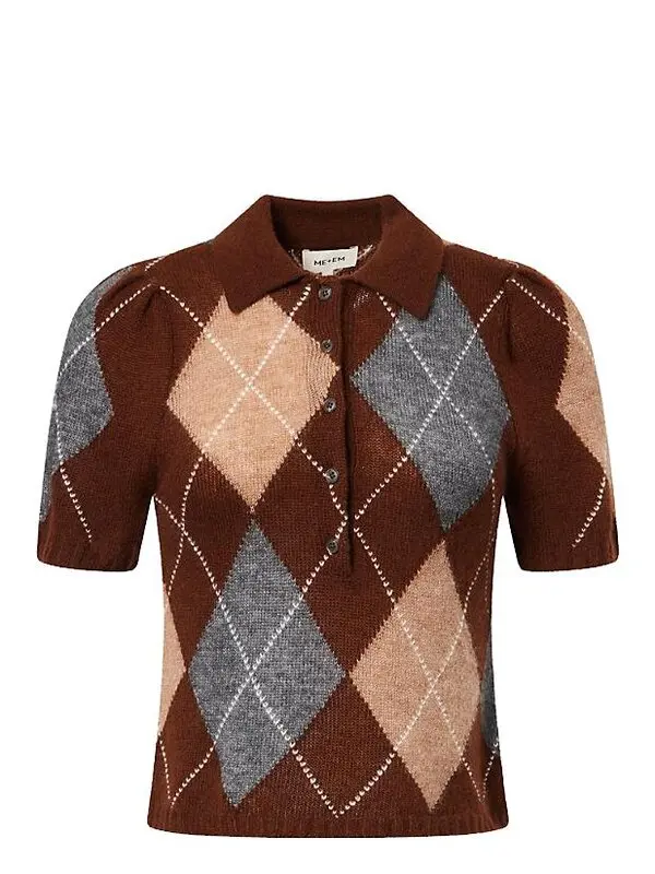 ME+EM Argyle-pattern Puff-sleeve Wool-blend Cardigan - Pecan Brown Multi