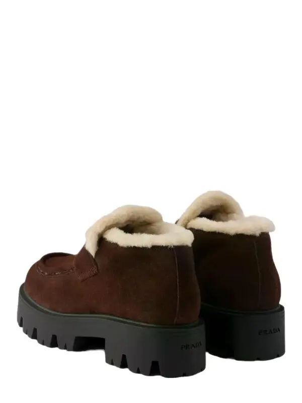 Prada Suede And Shearling Lined Lug Sole Loafers - Brown