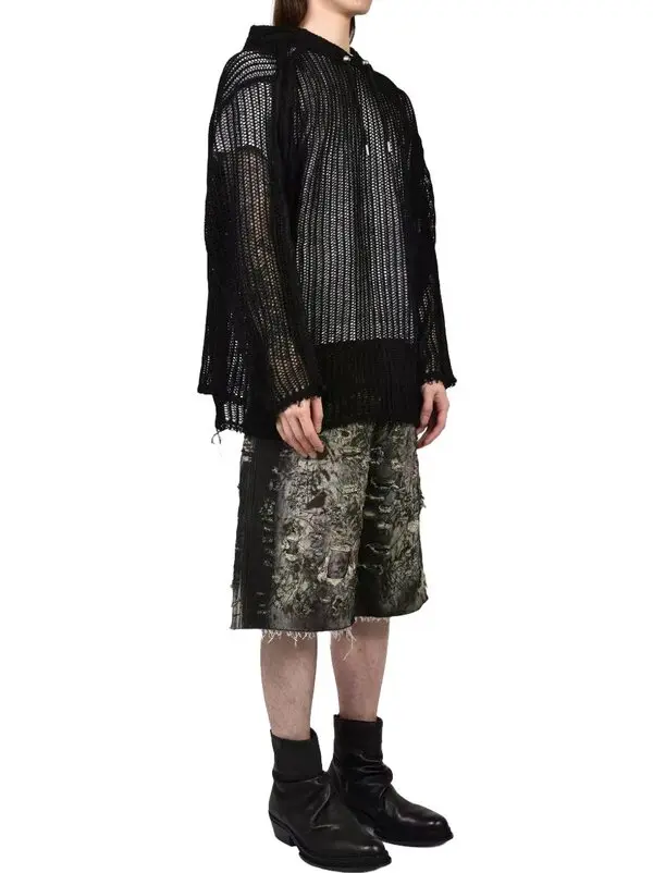 THUG CLUB Distressed Mesh-knit Hoodie - Black