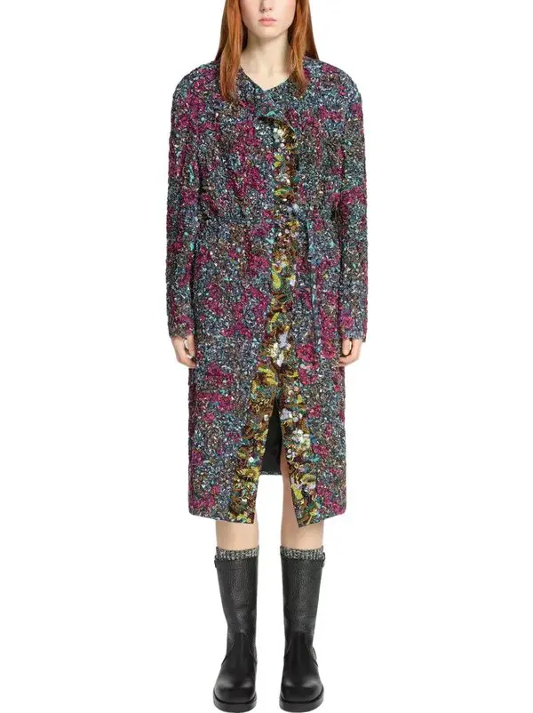 Dries Van Noten Embroidered Marbled Clay Floral Coat - Blue