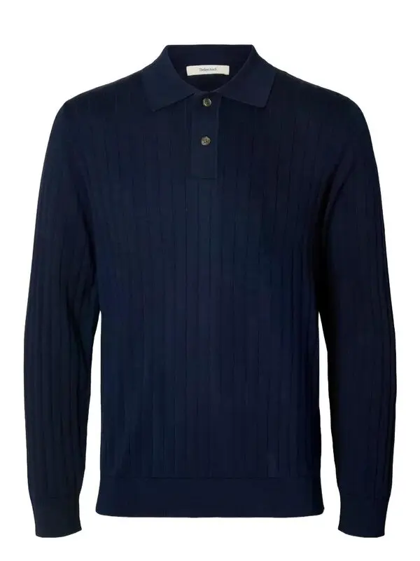 SELECTED Ribbed-knit Polo Shirt - Blue