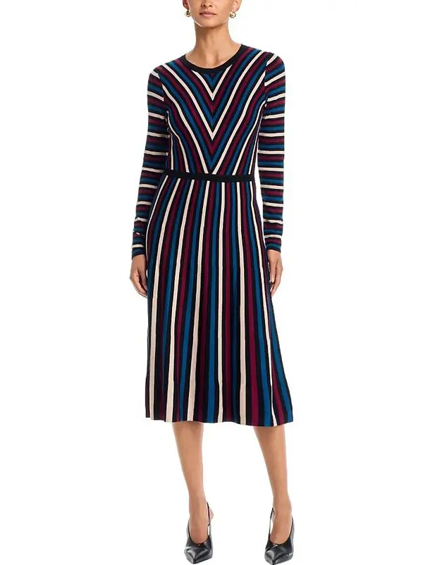 T Tahari Striped Midi Flared Dress - Black Multi