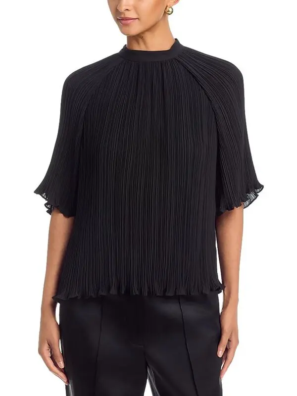 T Tahari Micro Pleated Elbow Sleeve Blouse - Black