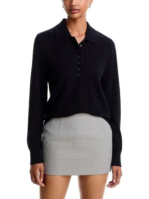 Aqua Cashmere Henley Polo Sweater - Black
