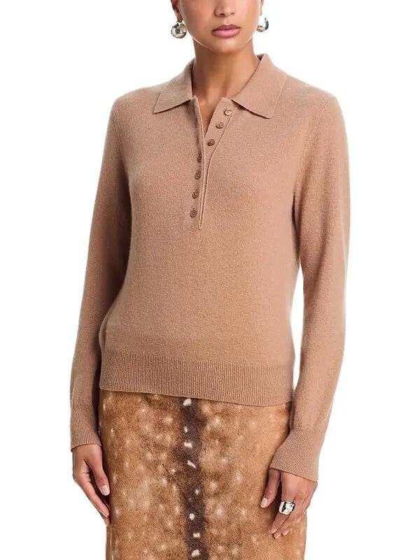 Aqua Cashmere Henley Polo Sweater - Camel