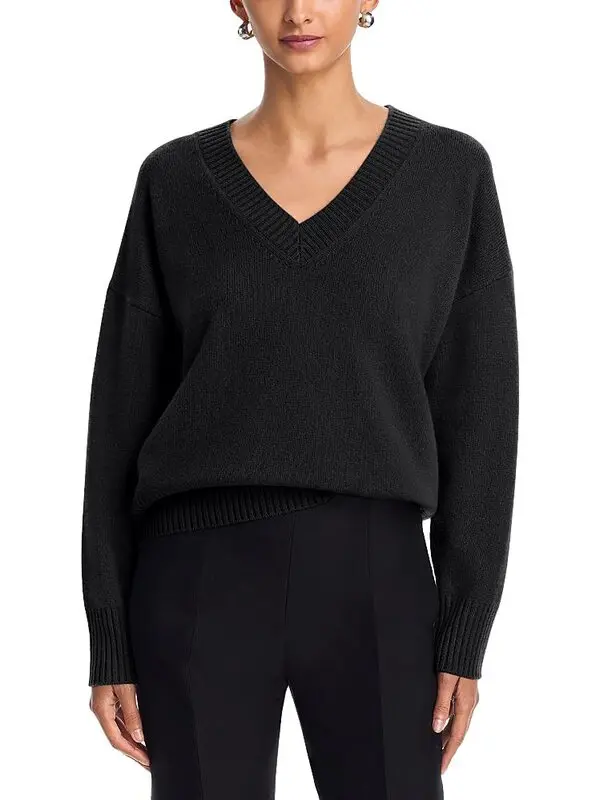 Aqua Cashmere V Neck Drop Shoulder Sweater Exclusive - Black
