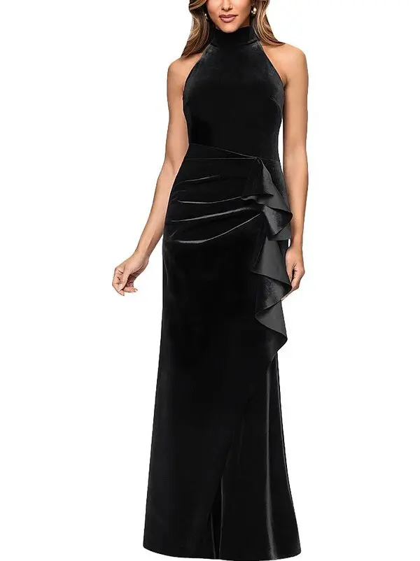 Aqua Stretch Velvet Mock Neck Gown - Black