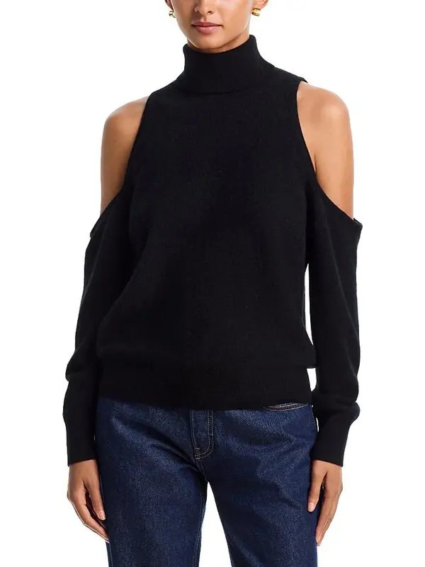 Aqua Cashmere Cold Shoulder Turtleneck Sweater - Black