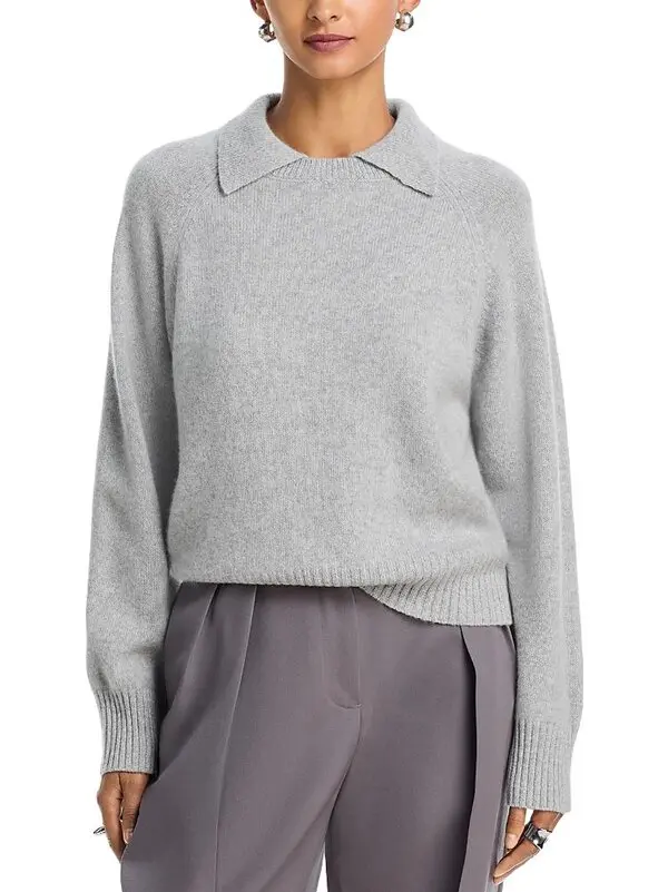 Aqua Cashmere Collared Crewneck Sweater - Light Grey