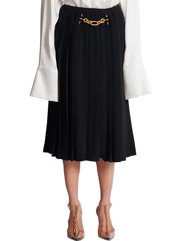 Balmain Pleated Midi Skirt With Embellished Detail - Black