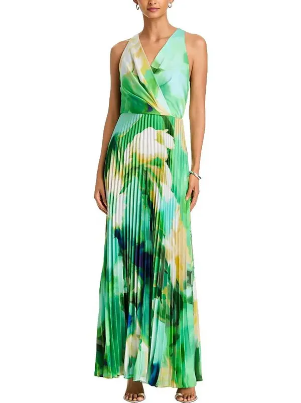 Aqua Printed Surplice Neck Pleated Gown - Green/multi