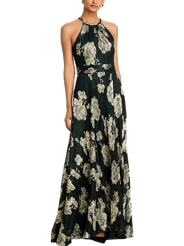 Aqua Metallic Halter Neck A-line Gown - Hunter/gold