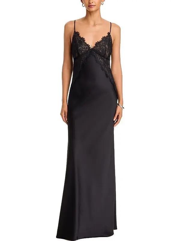 Aqua Lace Bodice Satin Slip Gown - Black/nude