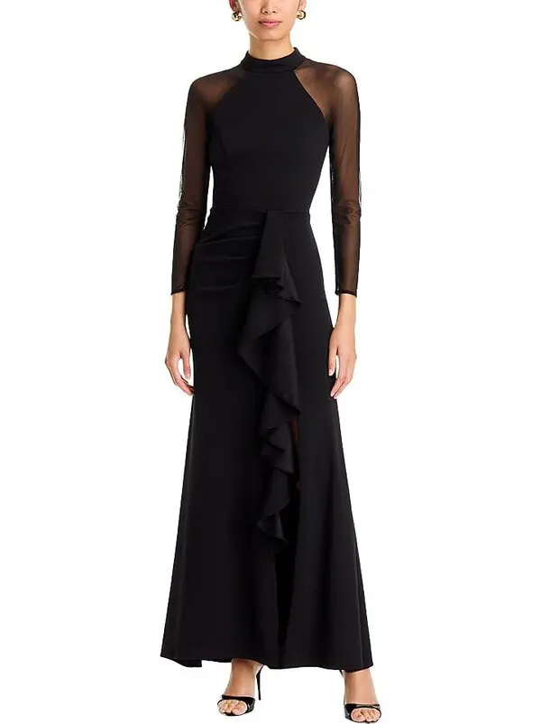 Aqua Mock Neck Mesh Sleeve Gown Exclusive - Black