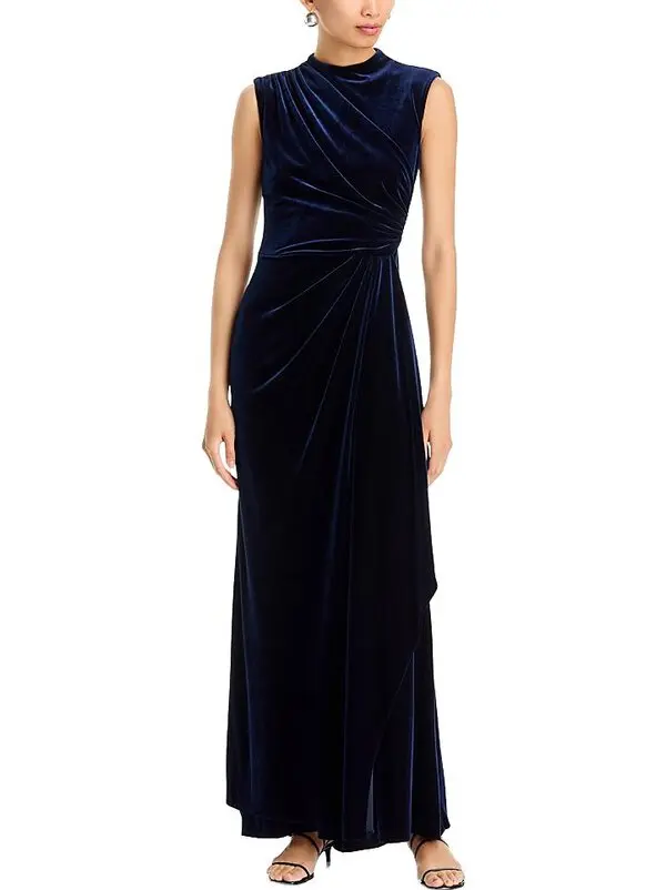 Aqua Velvet Side Ruched Sleeveless Gown - Navy