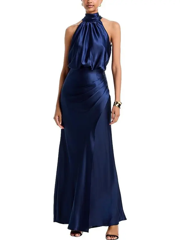 Aqua Long Charmeuse Tie Neck Gown - Navy