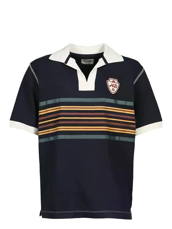 NICHOLAS DALEY Striped Embroidered-patch Rugby Polo Shirt - Blue