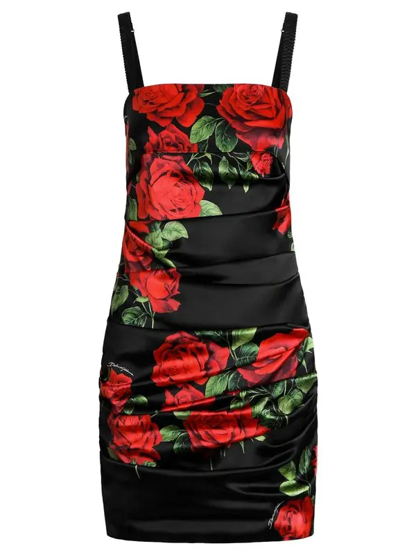 Dolce & Gabbana Rose Print Satin Slip Dress - Black