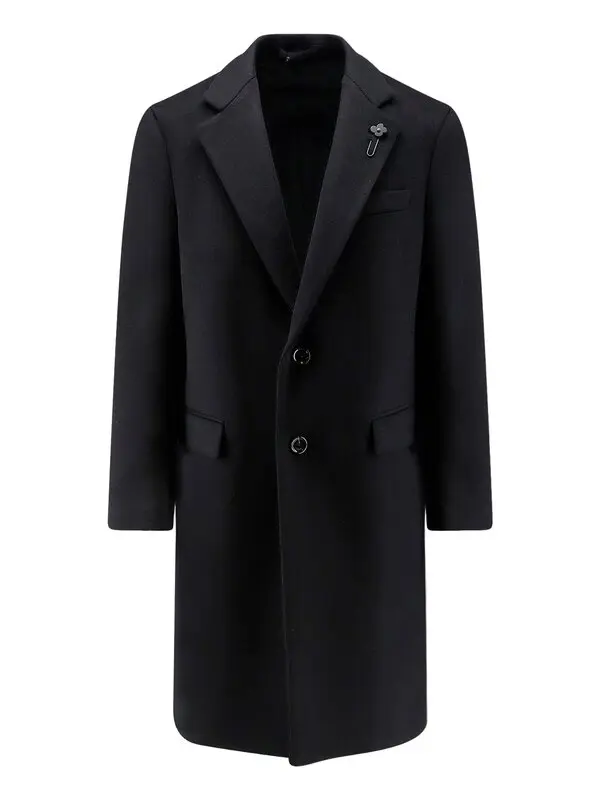 LARDINI Single-breasted Cashmere Coat With Iconic Brooch - Black