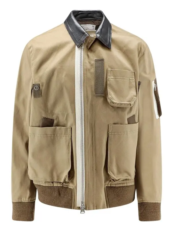 Sacai Cotton Chino Jacket With Faux Leather Collar - Beige